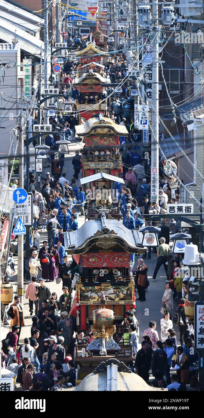 A photo shows the floats' parade during the Ueno-Tenjin Festival in Iga ...