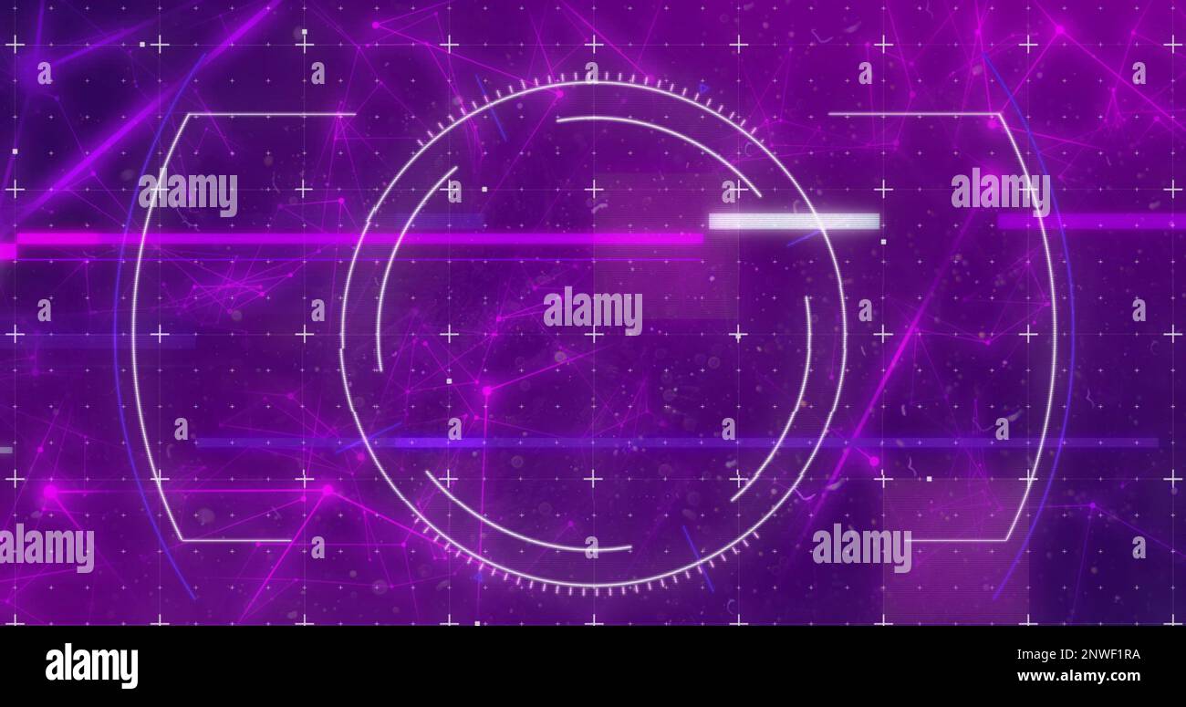 Image of scope scanning and network of connections on purple background ...
