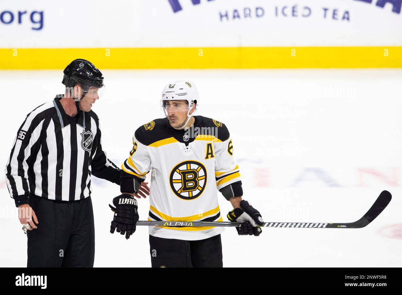 October 23, 2018: Boston Bruins Brad Marchand (63) and Linesman David ...
