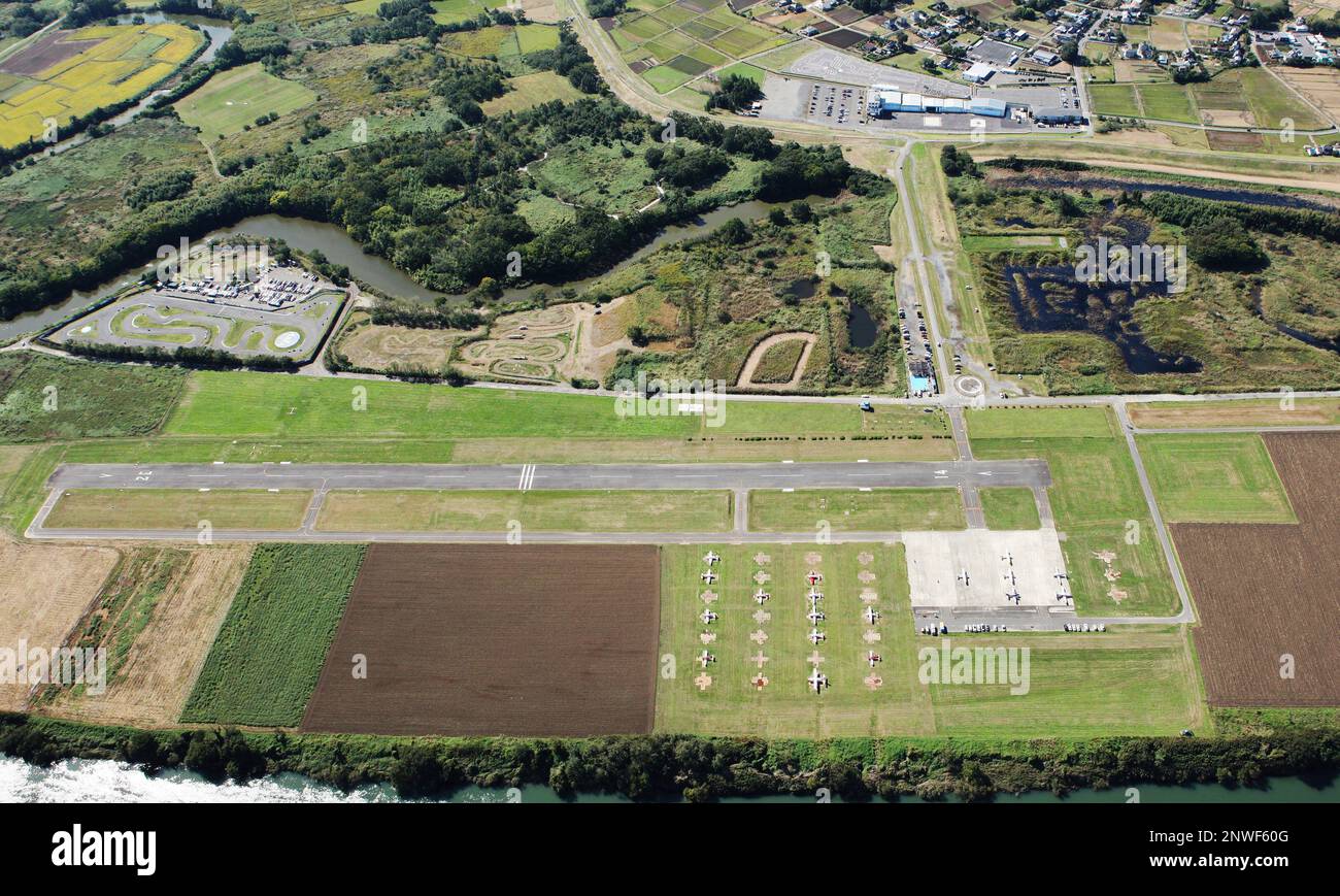 An aerial photo shows Honda Airport straddles Okegawa and Kawashima ...