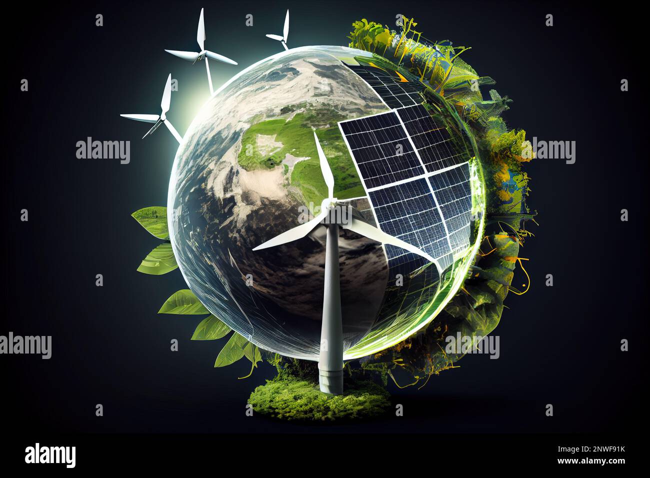 save the green planet concept with windmills and solar plants Stock ...