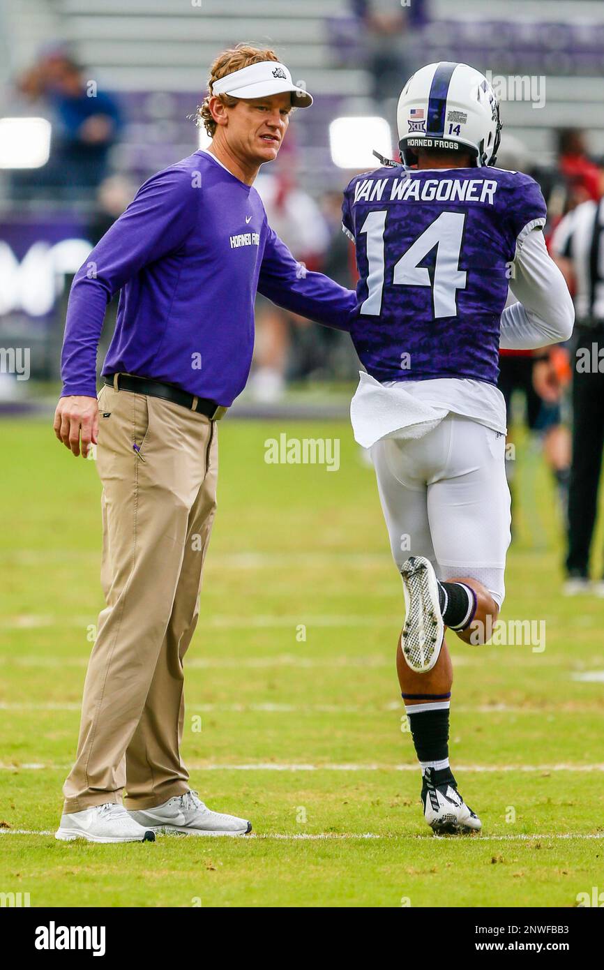 FORT WORTH, TX - OCTOBER 20: TCU Horned Frogs offensive coordinator Sonny Cumbie talks to TCU ...