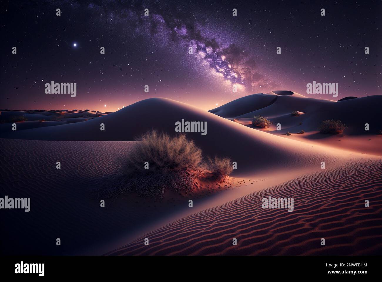 Starry night in the desert with dunes, dark night sky with stars. Milky ...