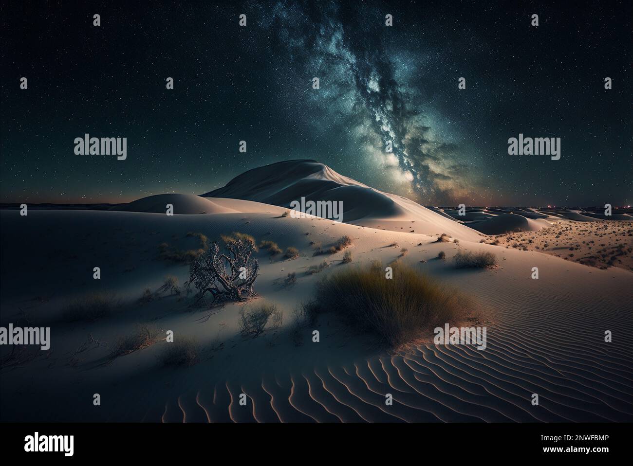 Starry night in the desert with dunes, dark night sky with stars. Milky ...