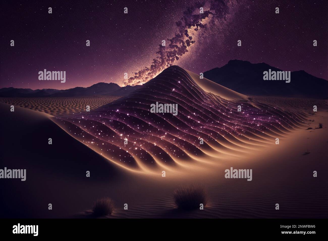 Starry night in the desert with dunes, dark night sky with stars. Milky ...