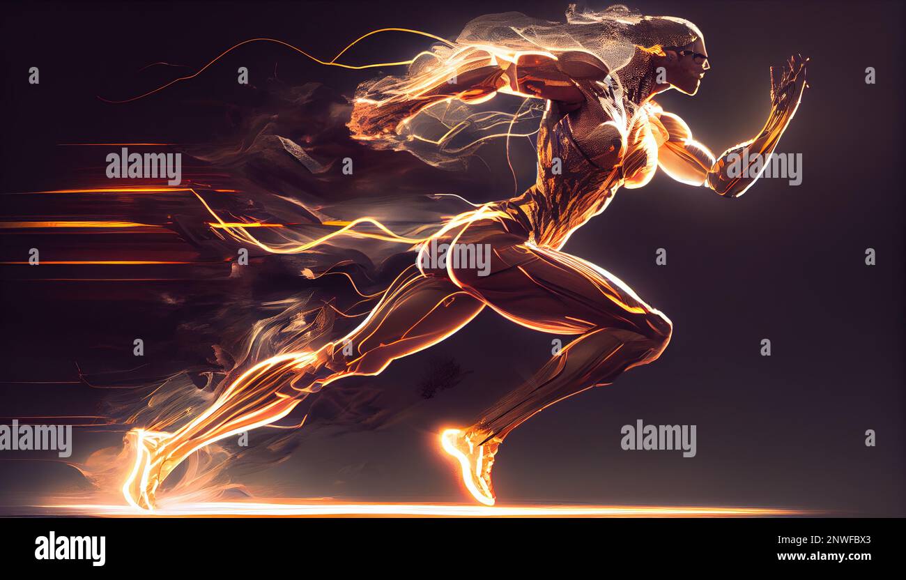 Street powerful male runner in fire, city fitness concept Stock Photo ...