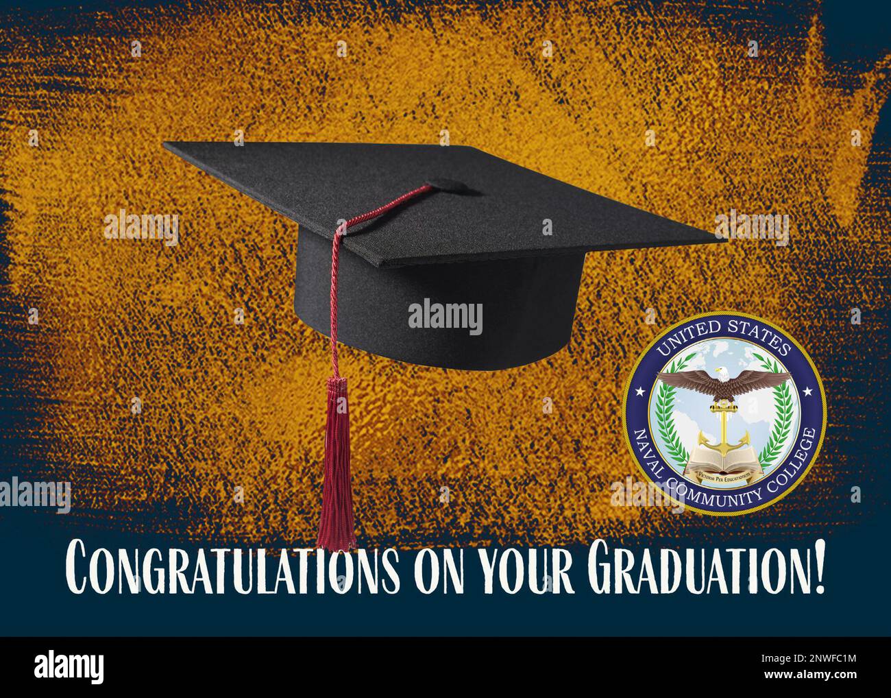 Graduation cap on brushed yellow and red background with U.S. Naval ...