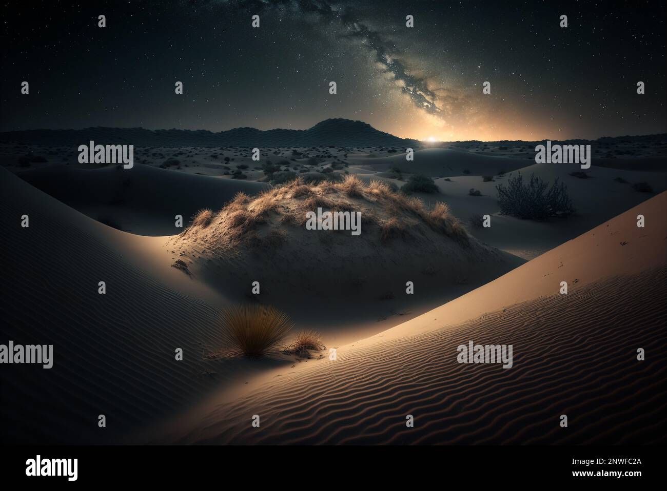 Starry night in the desert with dunes, dark night sky with stars. Milky ...
