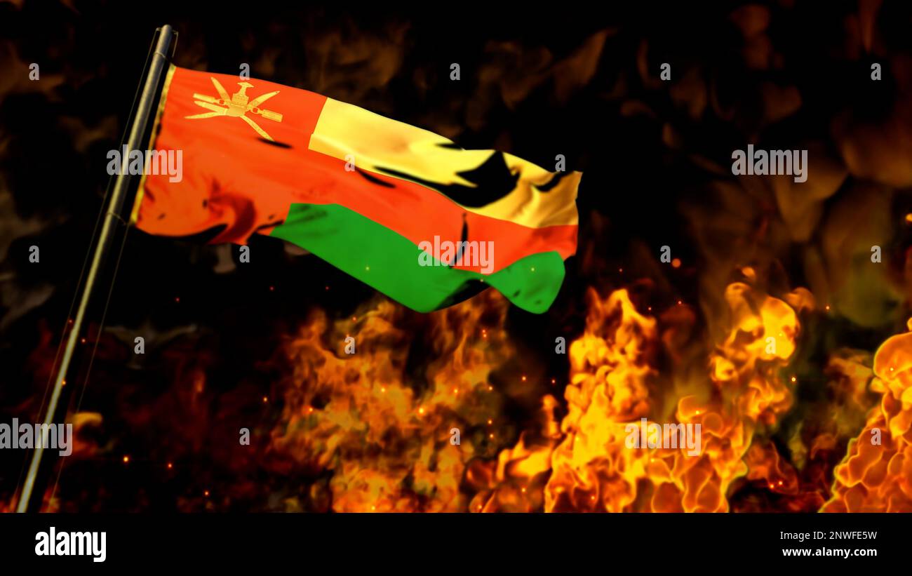 flag of Oman on burning fire bg - hard times concept - abstract 3D ...