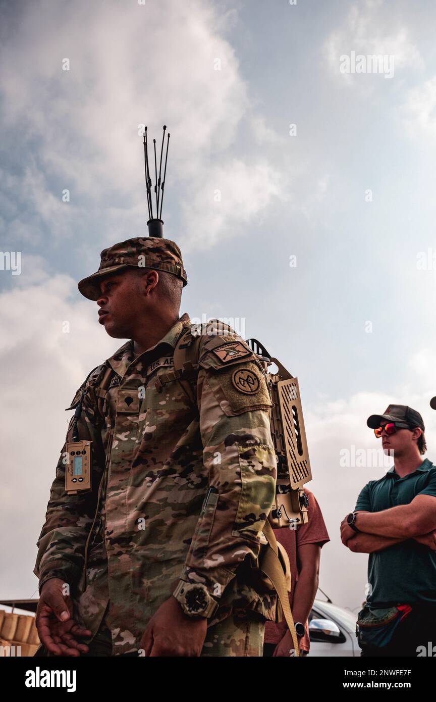 A U.S. Army soldier carries equipment during an electronic warfare ...