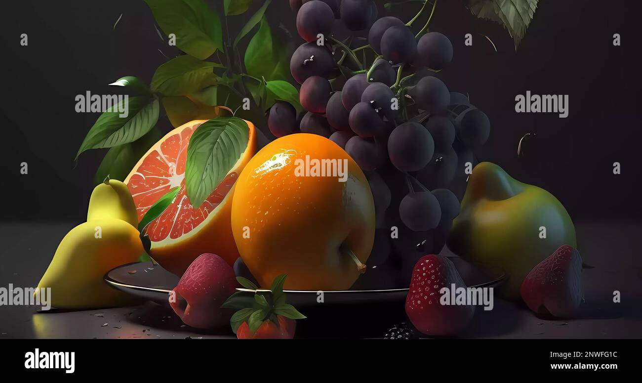 Beautiful still life background with many fruits on dark table for art ...