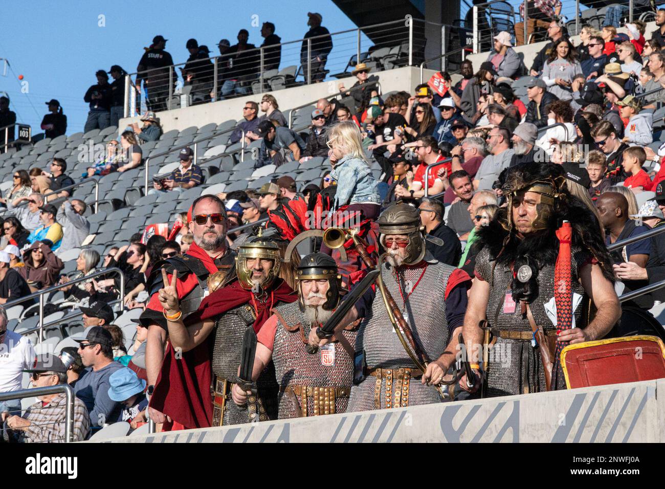 Fans pose during a San Diego Legion rugby match at Snapdragon Stadium ...