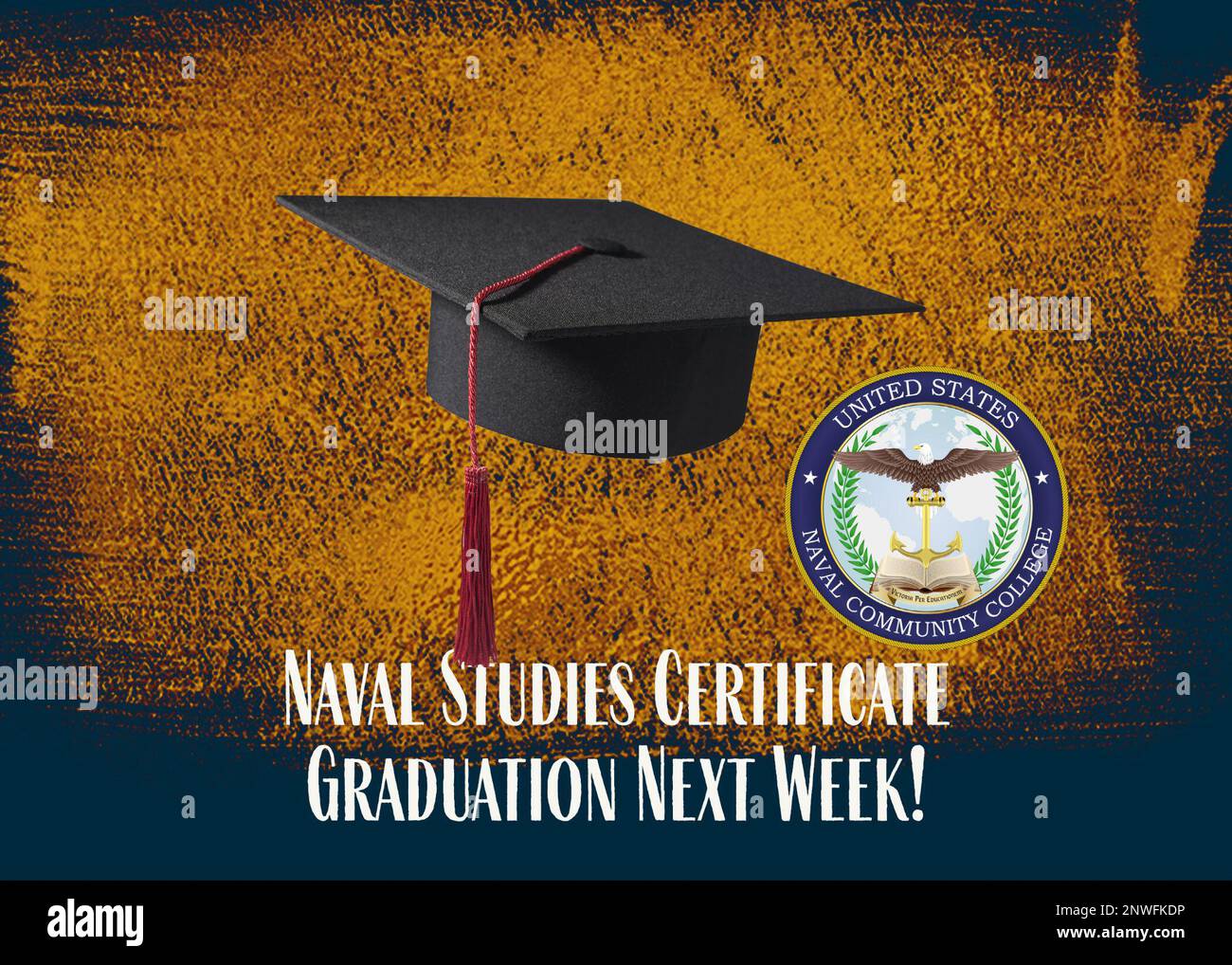 Graduation cap on brushed yellow and red background with U.S. Naval ...