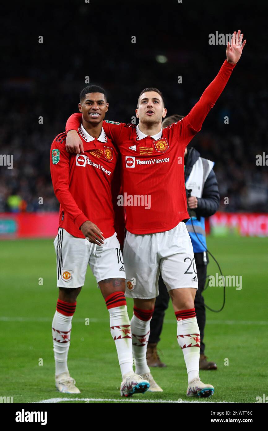 London, UK. 26th Feb, 2023. Marcus Rashford of Manchester Utd (l) and Diogo Dalot of Manchester ...