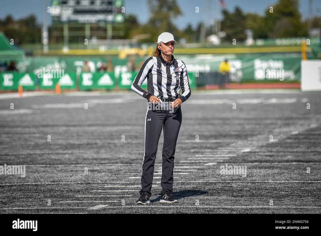 YPSILANTI, MI - OCTOBER 13: Referee Amanda Sauer waits on the field ...