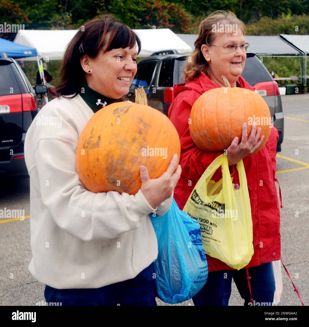 Debbie Friedstrom, left, helps Debbie Hudson carry pumpkins to Hudson's ...