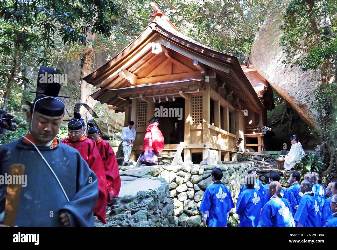 Shinto ritual is held at Munakata Grand Shrine's Okitsumiya shrine in ...