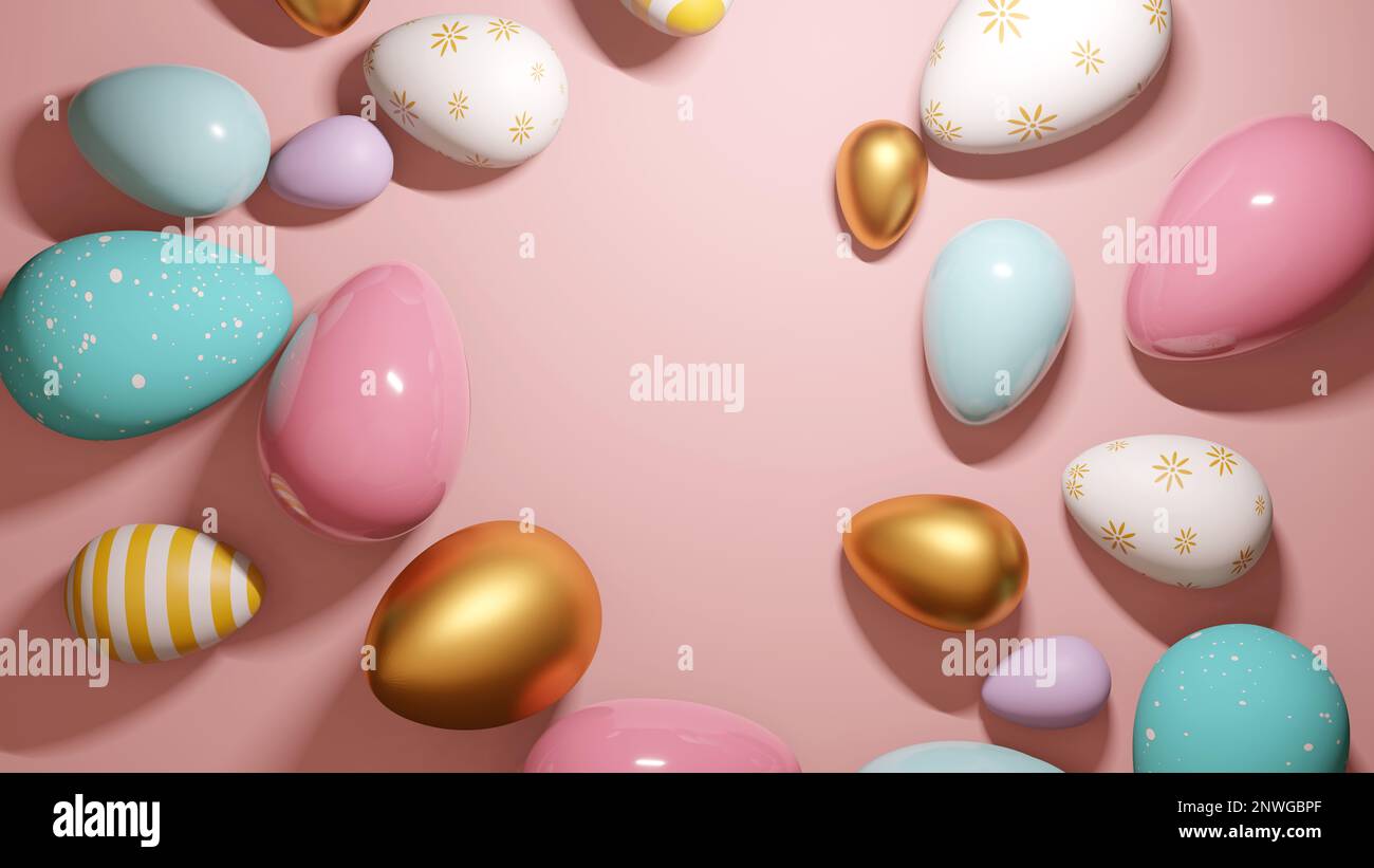 A coollection of chocolate easter eggs in pastel shades. 3D ...