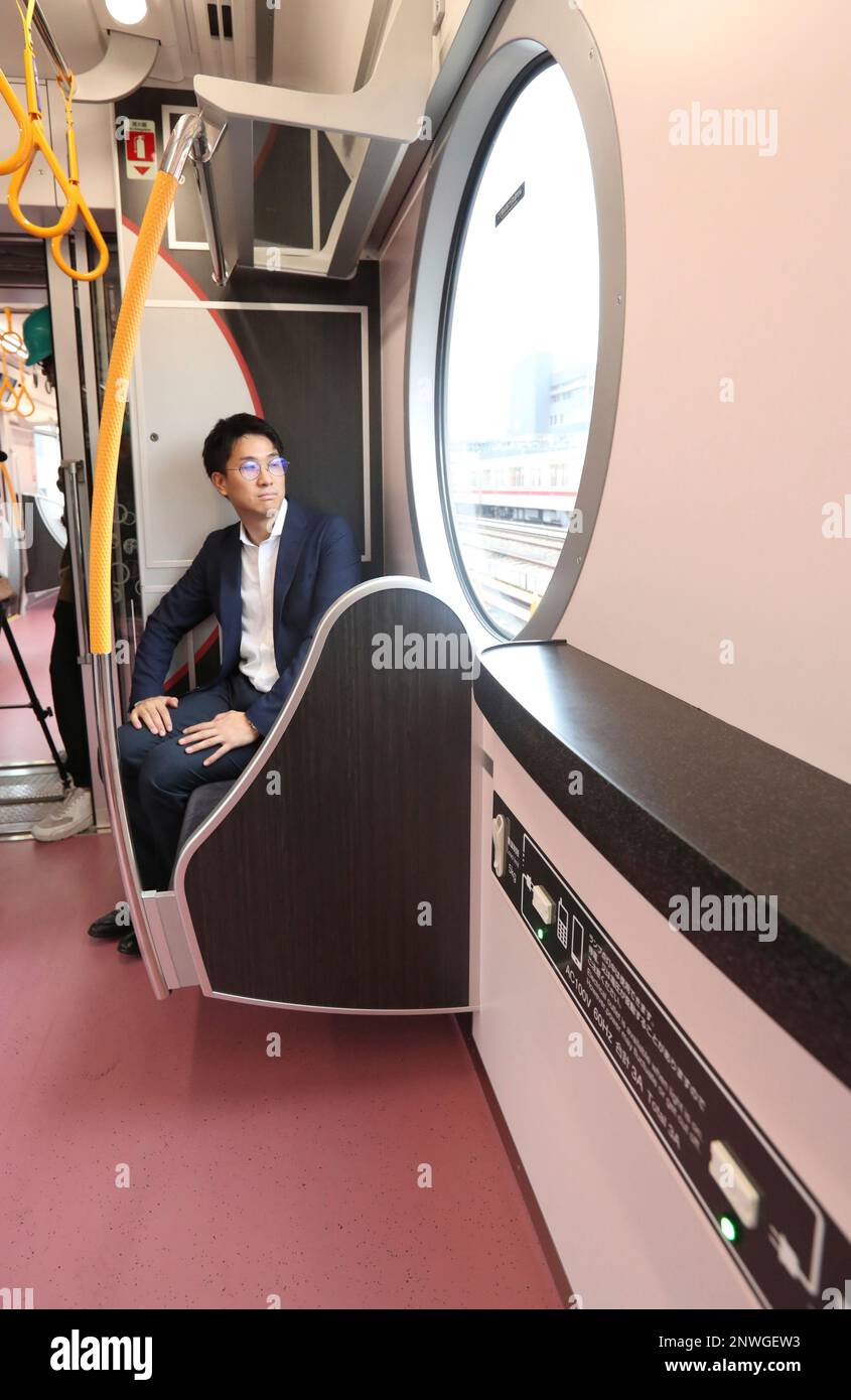 A photo shows the inside of Tokyo Metro's new vehicle unveiled to media ...