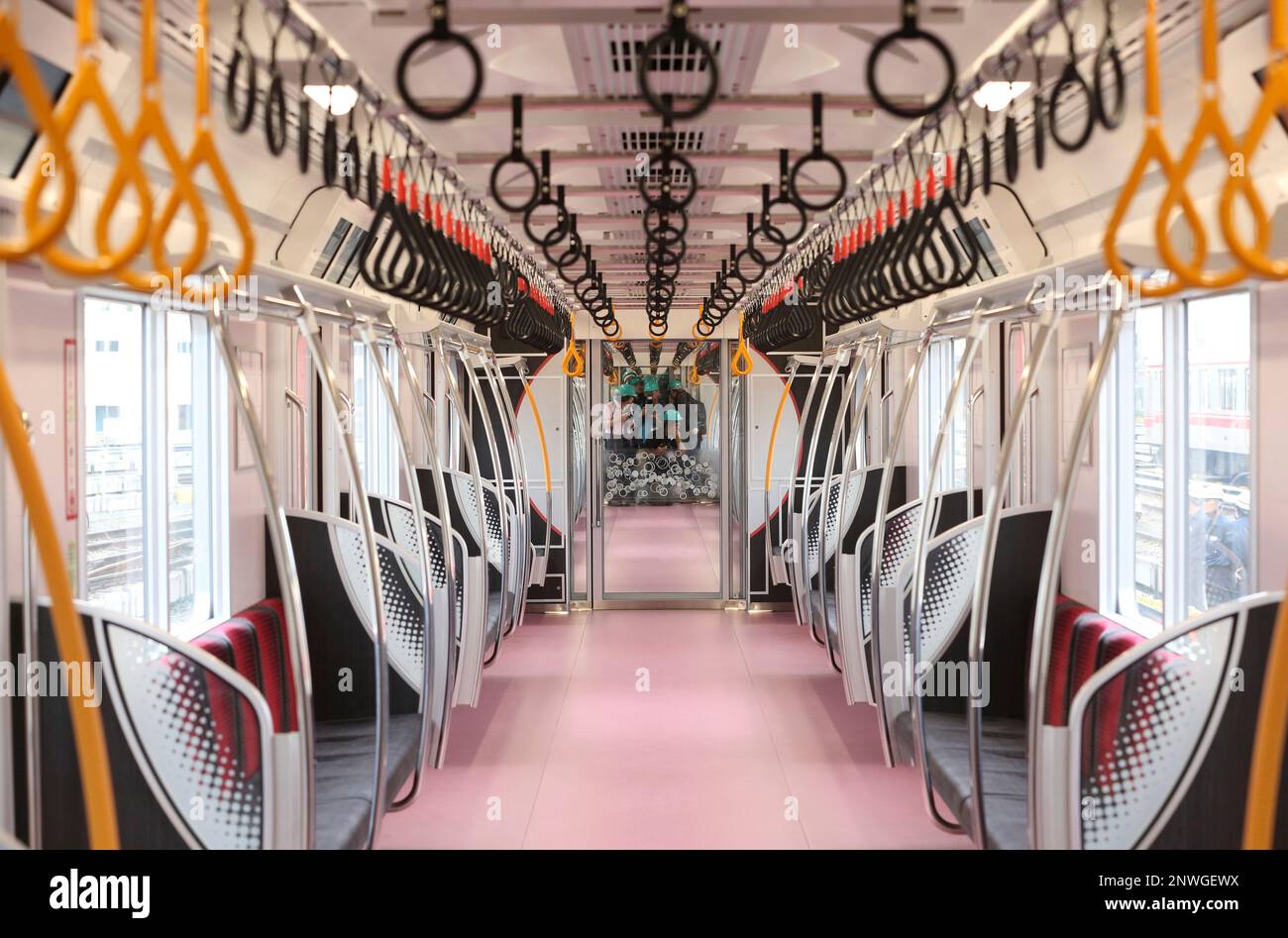 A photo shows the inside of Tokyo Metro's new vehicle unveiled to media ...
