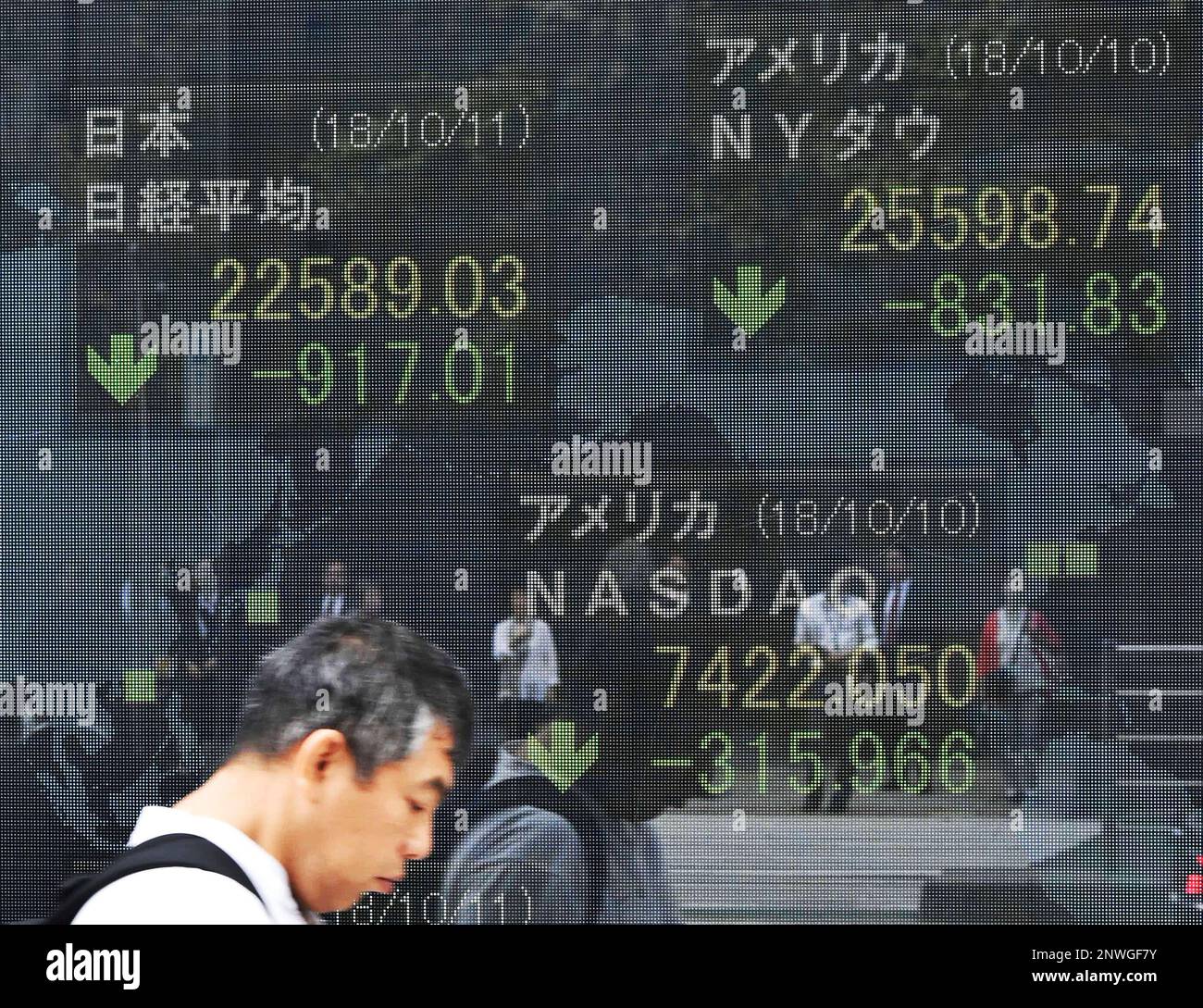 An electric board displays Nikkei stock average rate and others falling ...