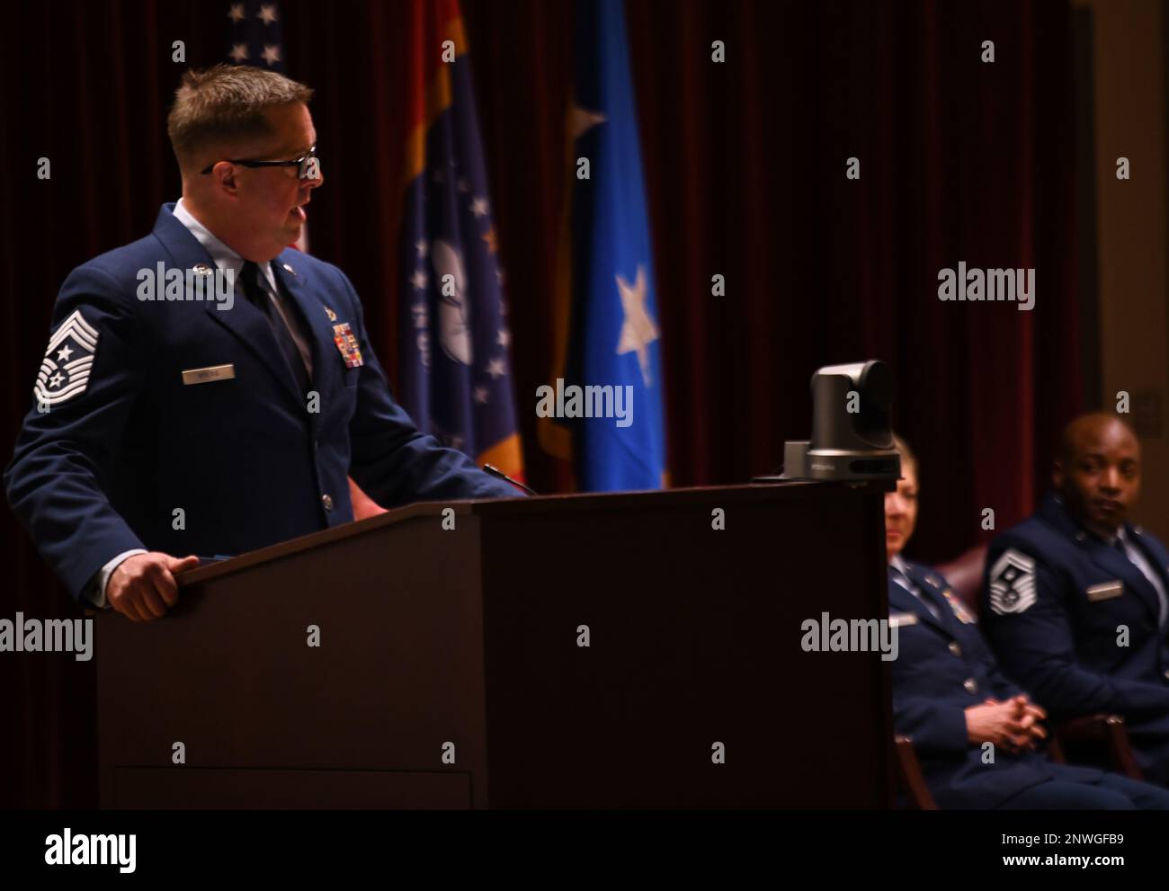 Chief Master Sgt. John Myers addresses the audience for the first time ...