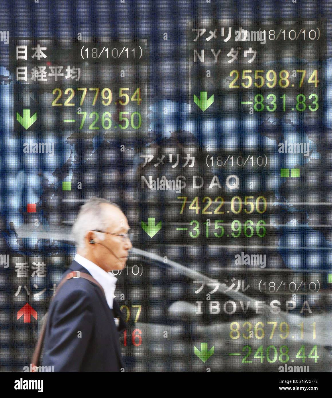 An electric board displays Nikkei stock average rate and others falling ...