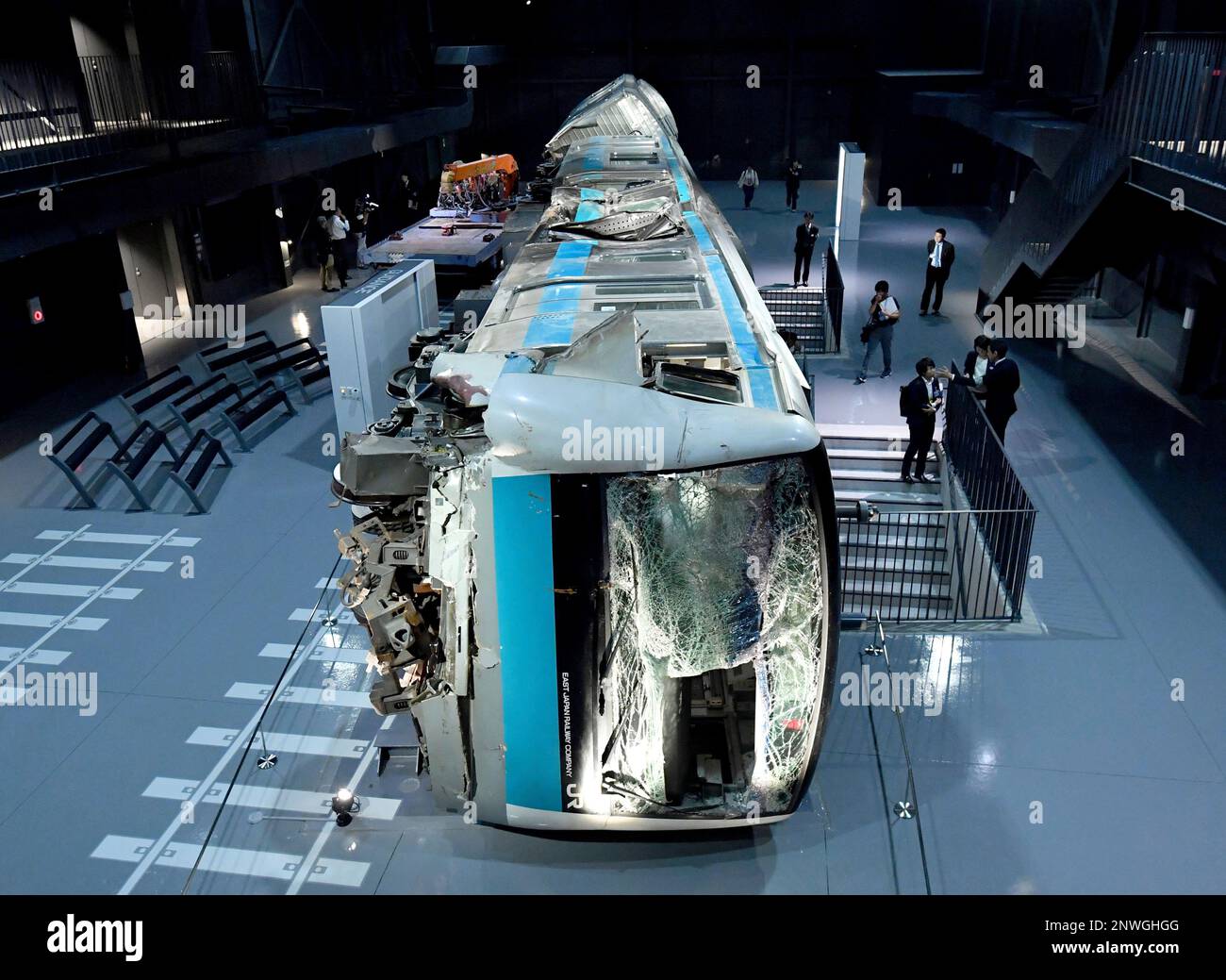 Damaged Keihin Tohoku Line is placed at a facility to display trains ...