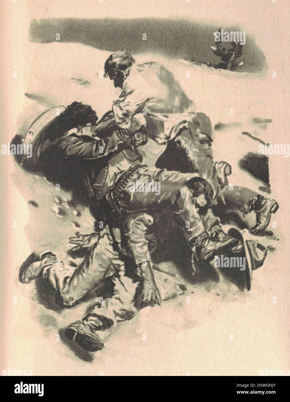 Black and white illustration shows a fight between men. Drawing shows ...