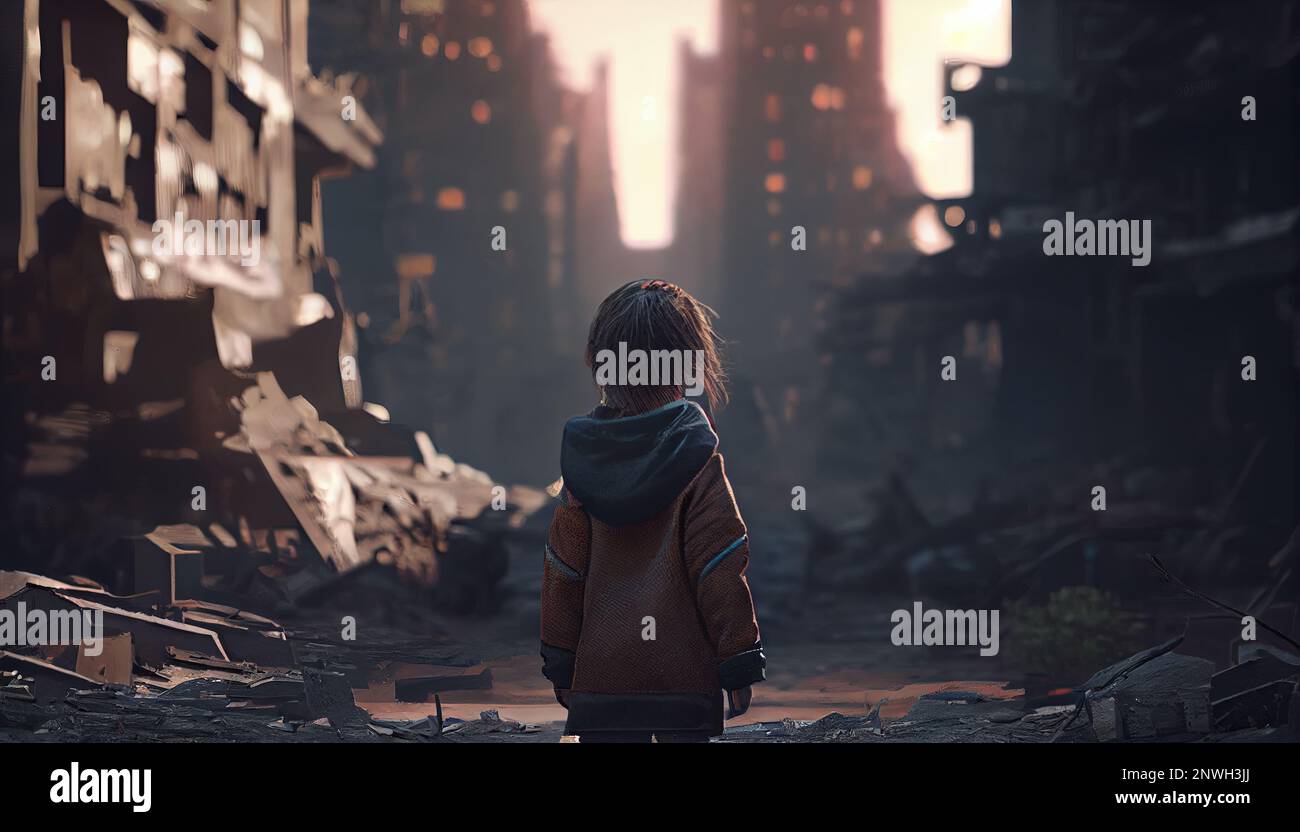 child walking in destroyed city, war or natural disaster concept Stock ...