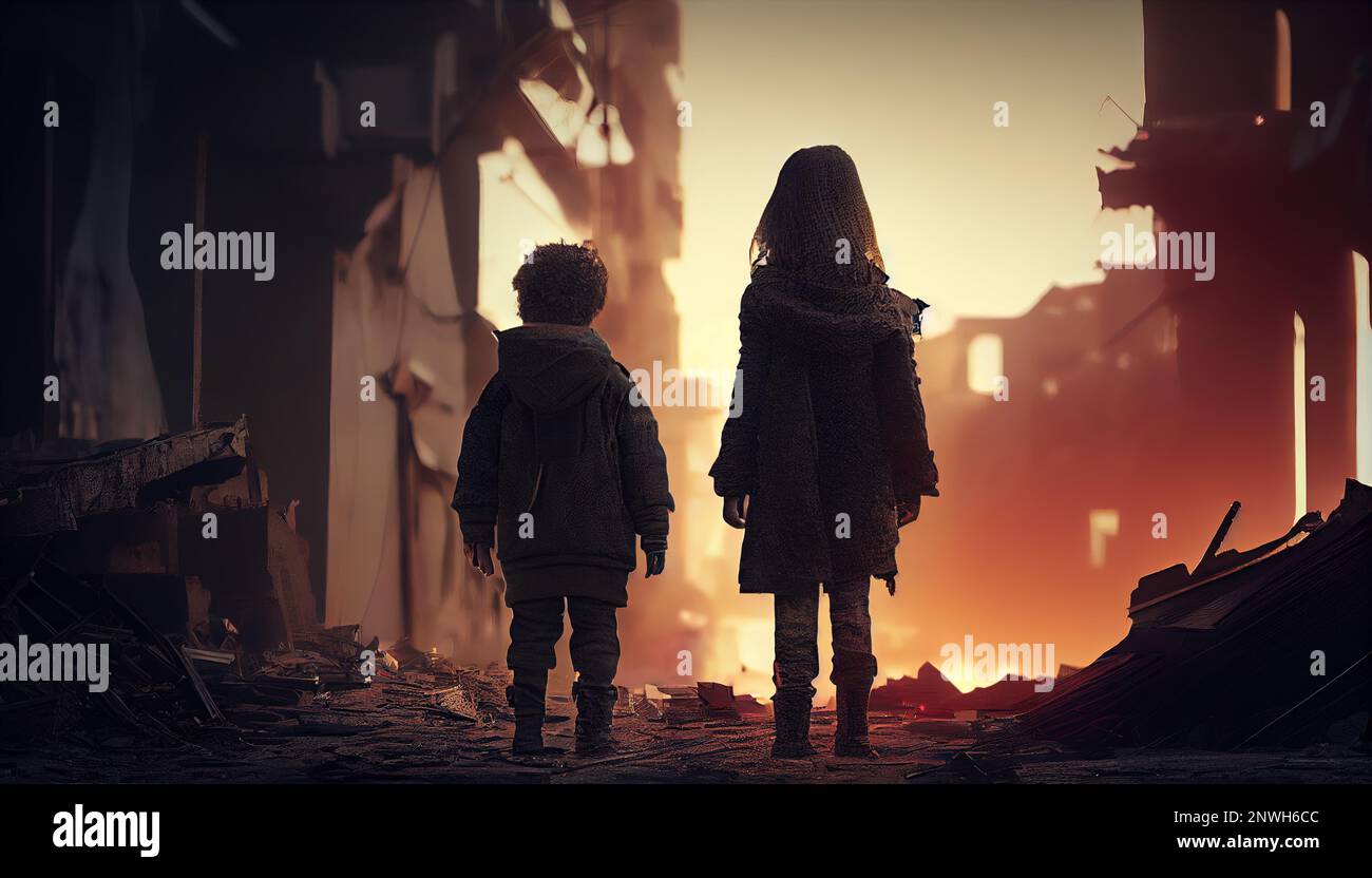 kids standing in destroyed city, war or natural disaster concept Stock ...