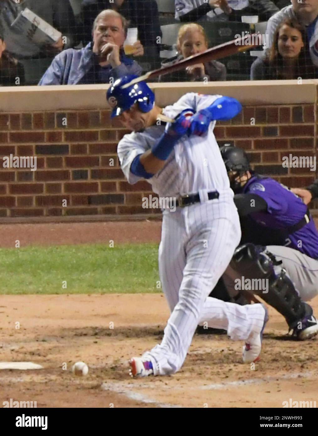 Chicago Cubs catcher Willson Contreras breaks his bat during baseball's ...