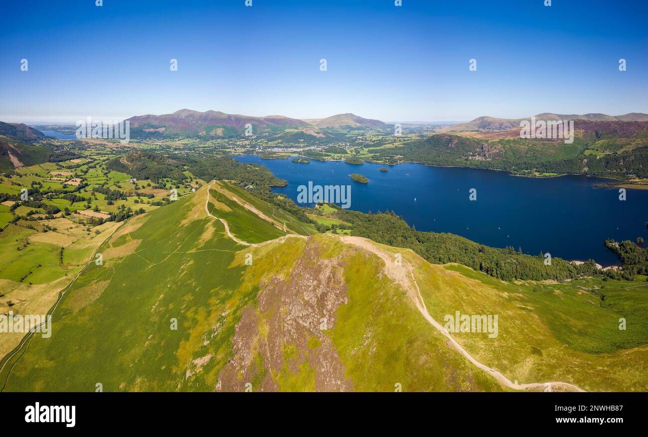 Aerial view of a hiking trail across a mountain ridge (Catbells and ...