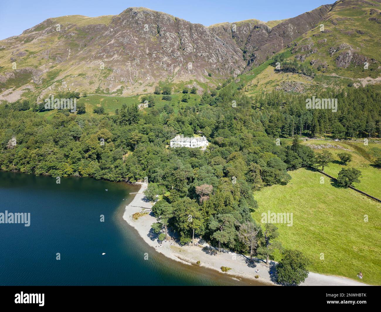 Aerial view of a beautiful lake and rural valley at Buttermere in the ...