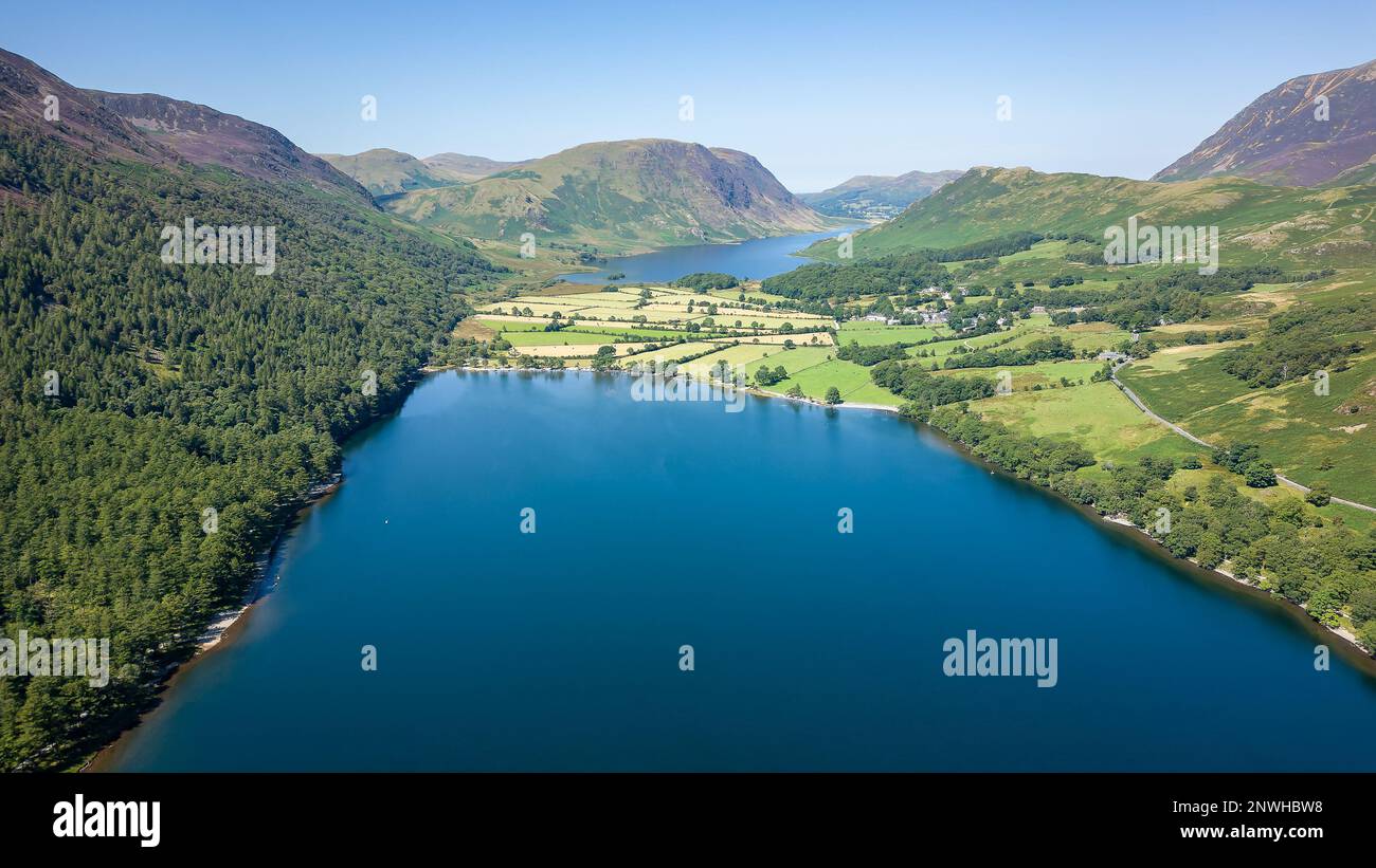Aerial view of a beautiful lake and rural valley at Buttermere in the ...