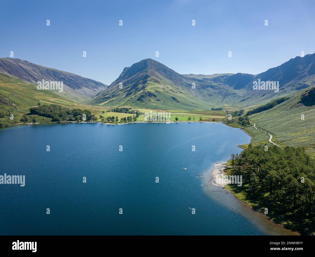 Aerial view of a beautiful lake and rural valley at Buttermere in the ...