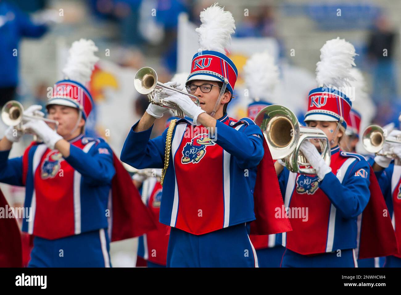 LAWRENCE, KS - SEPTEMBER 29: The KU Marching Band performs pregame ...