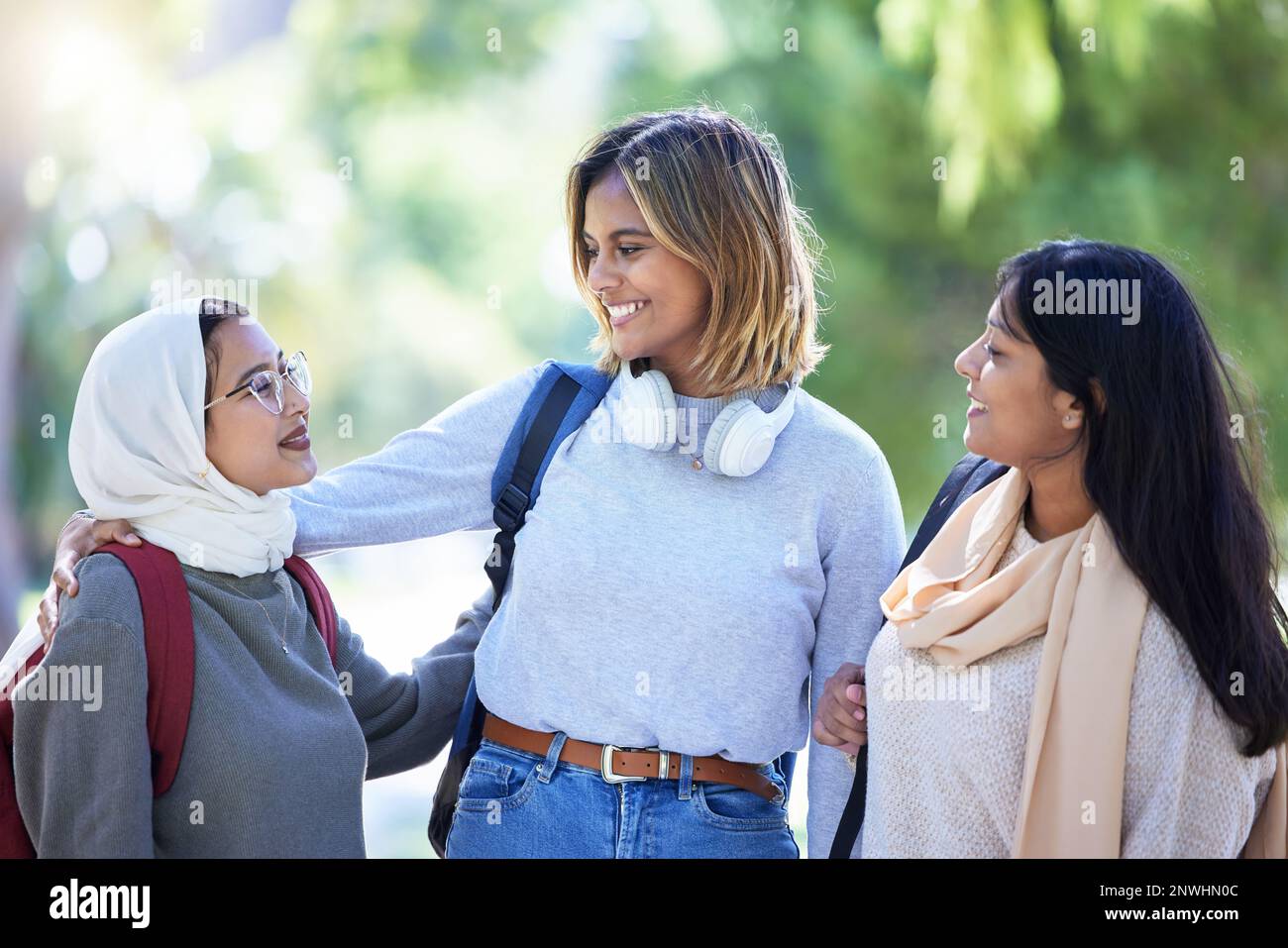 Women, friends or girls diversity in nature park, garden or school ...