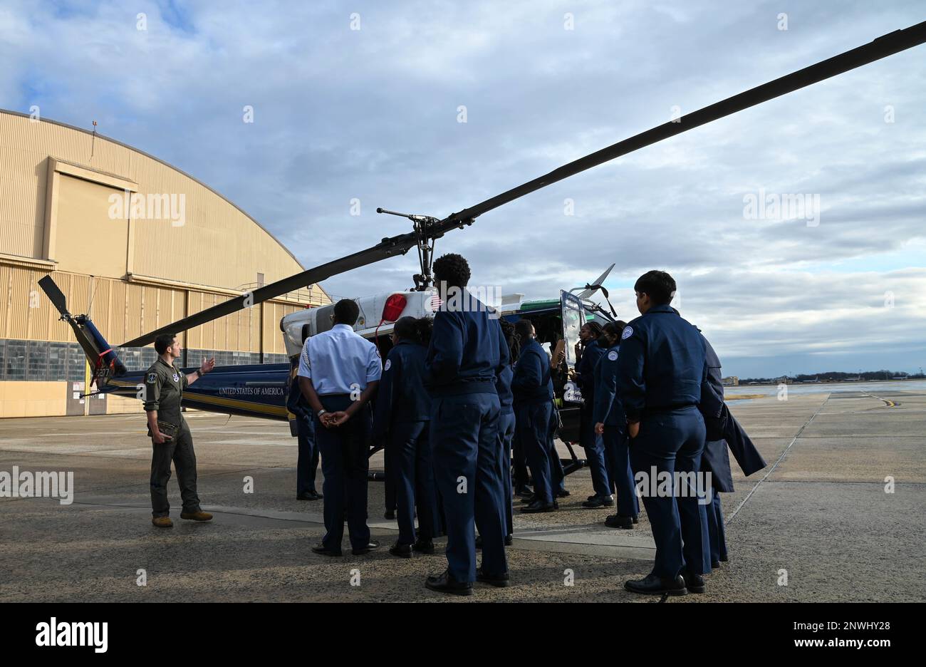 First Lt. Ty Davis, 1st Helicopter Squadron pilot, shows off a UH-1N ...