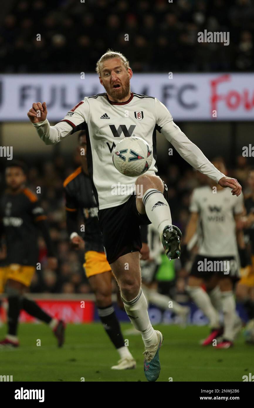 London, UK, 28th February 2023. Tim Ream of Fulham controls the ball ...