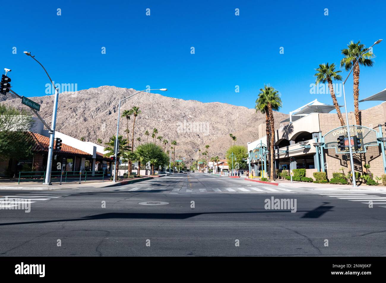 City streets of Palm Springs in the fall on a beautiful blue sky day in ...