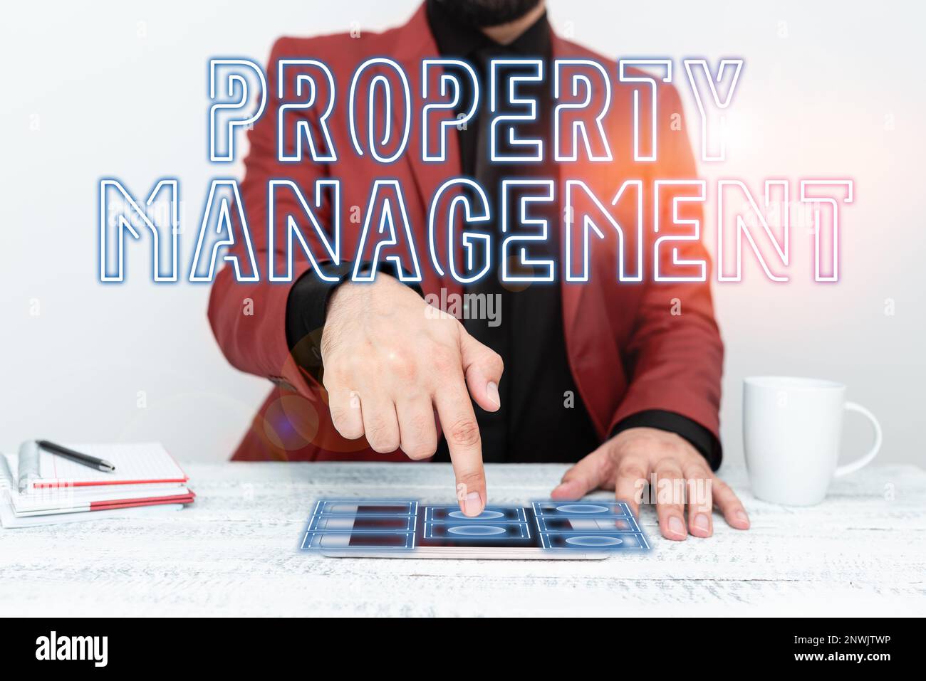 Sign displaying Property Management, Word Written on Overseeing of Real ...