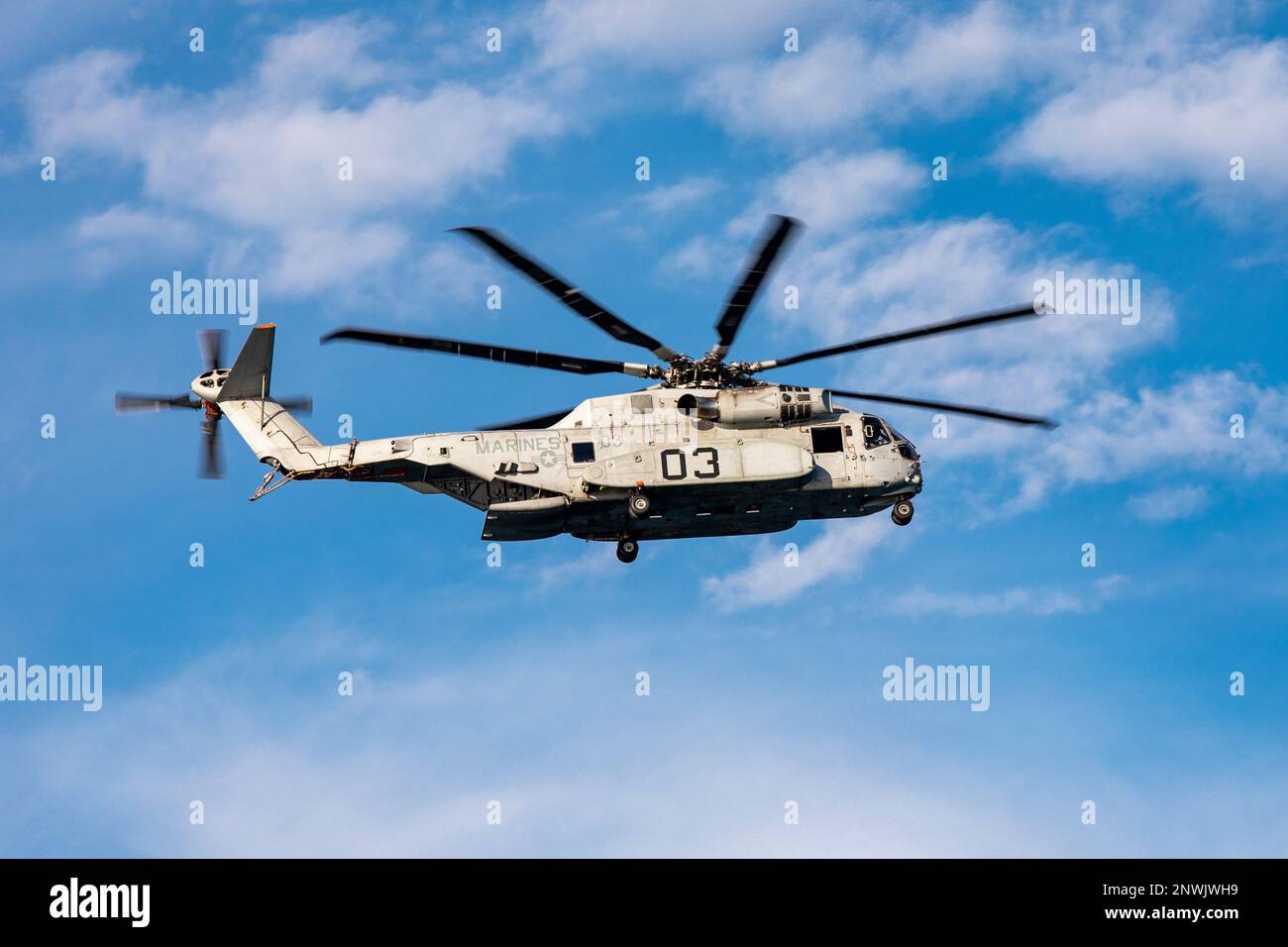 A Sikorsky CH-53K King Stallion helicopter flys over the Atlantic Ocean ...