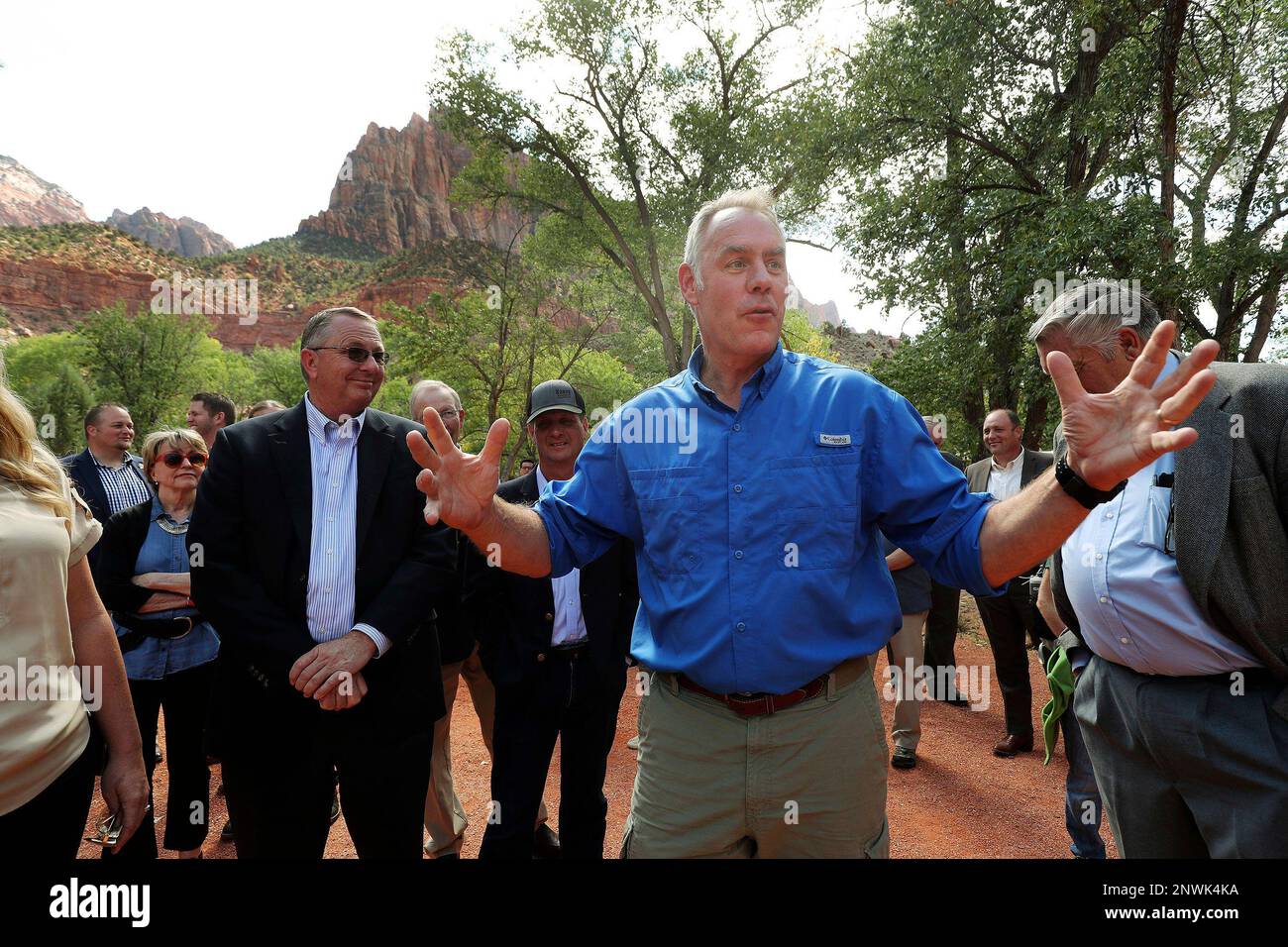 Interior Secretary Ryan Zinke speaks during a tour at Zion National ...