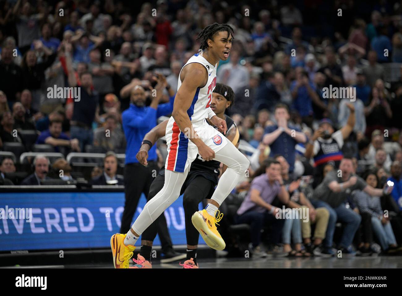 Detroit Pistons guard Jaden Ivey reacts after making a shot to tie the ...