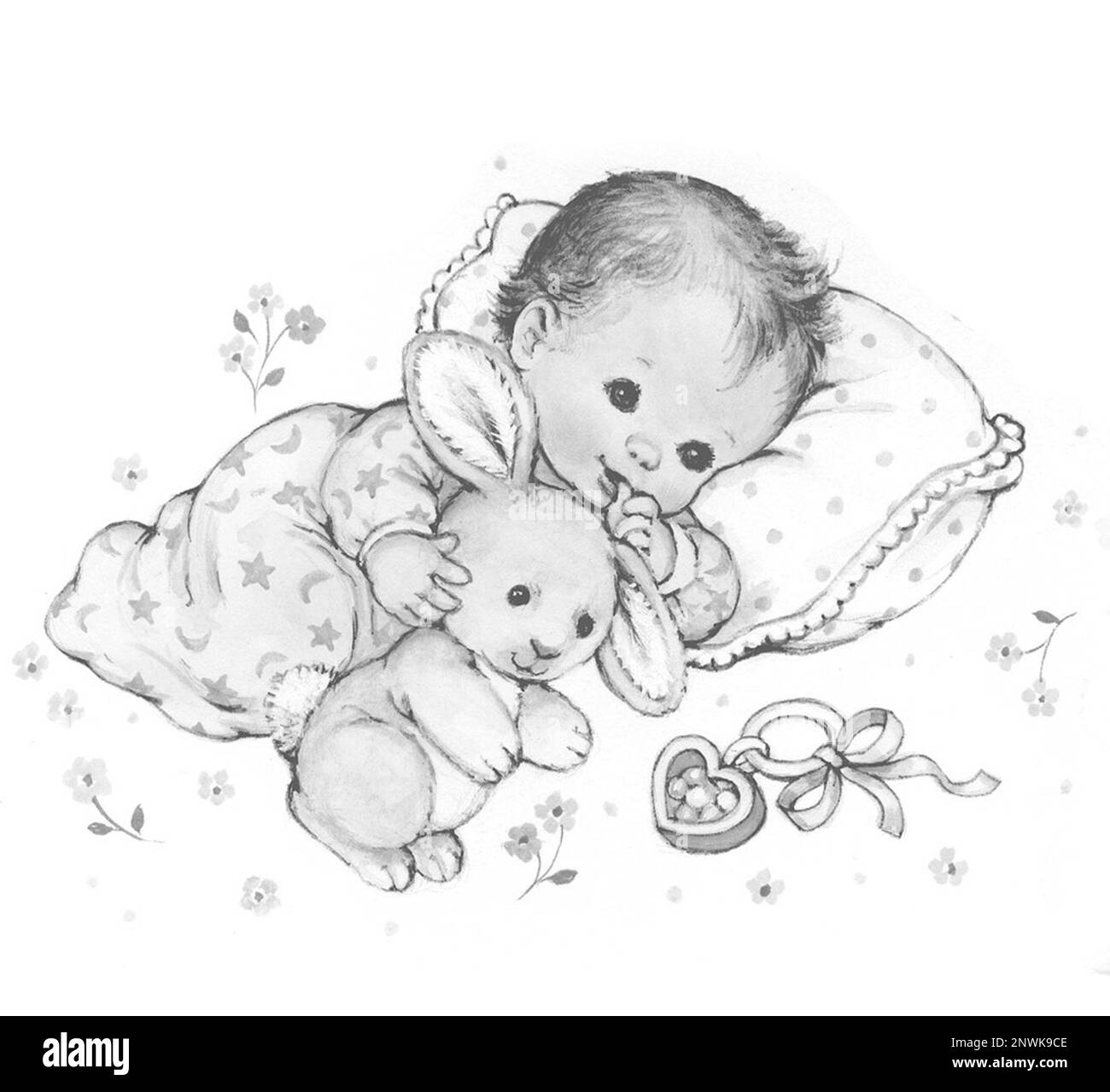 Baby- cuddling bunny in black & white Stock Photo - Alamy