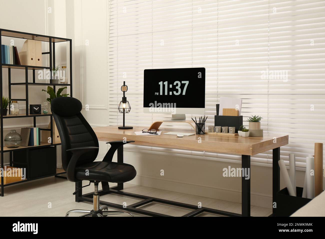 Home office interior with comfortable workplace near window Stock Photo ...