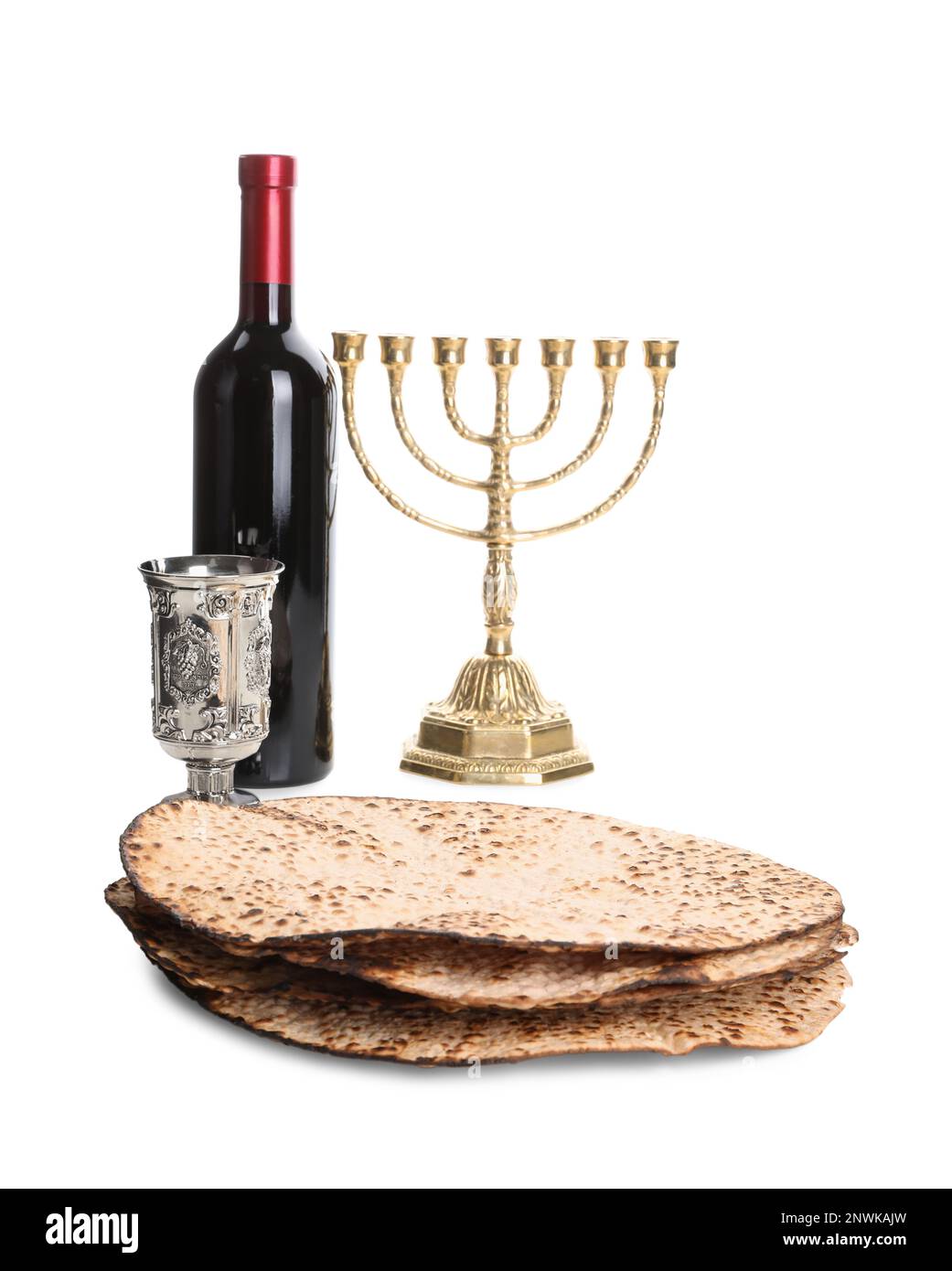 Tasty matzos, wine and menorah on white background. Passover (Pesach ...