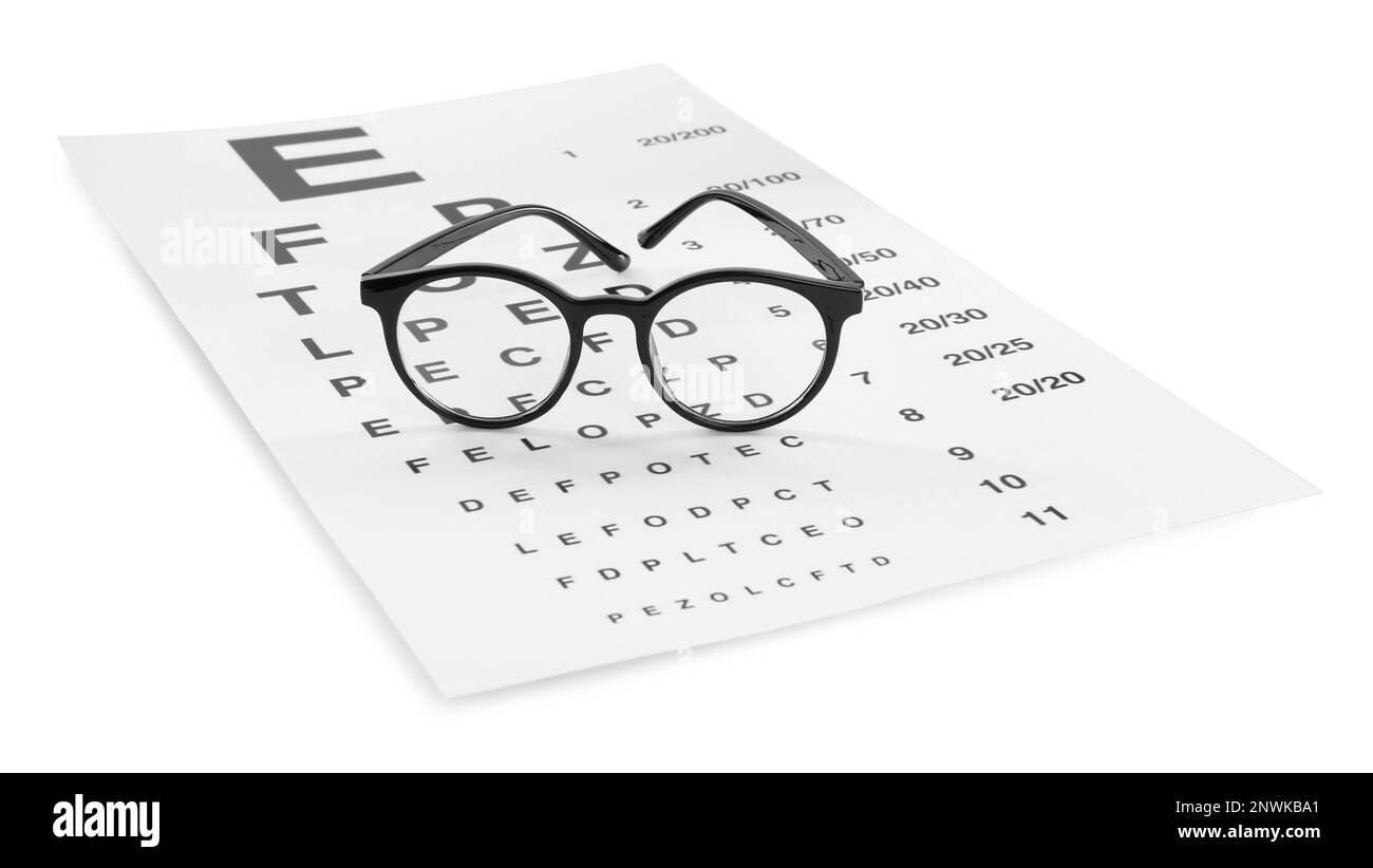 Eye chart test and glasses on white background. Ophthalmologist tools ...