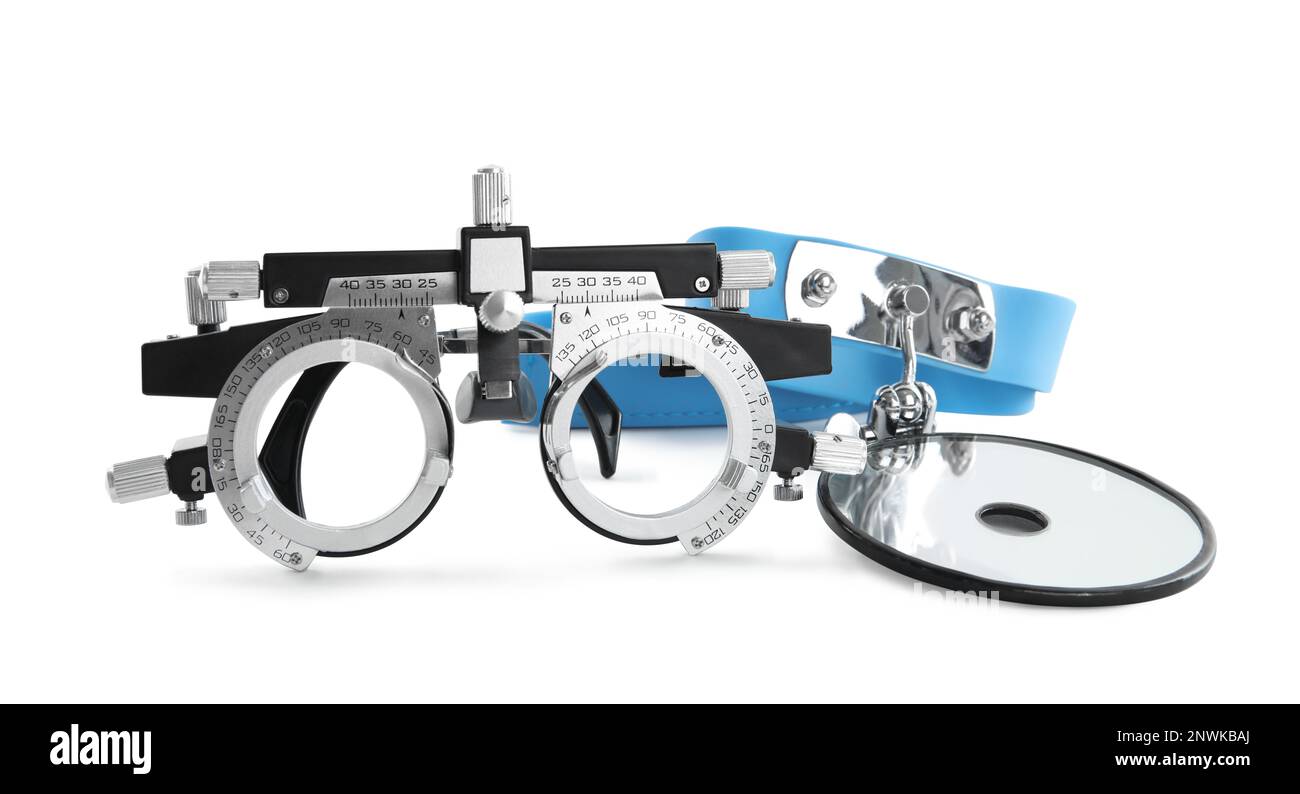 Trial frame and head mirror on white background. Ophthalmologist tools ...